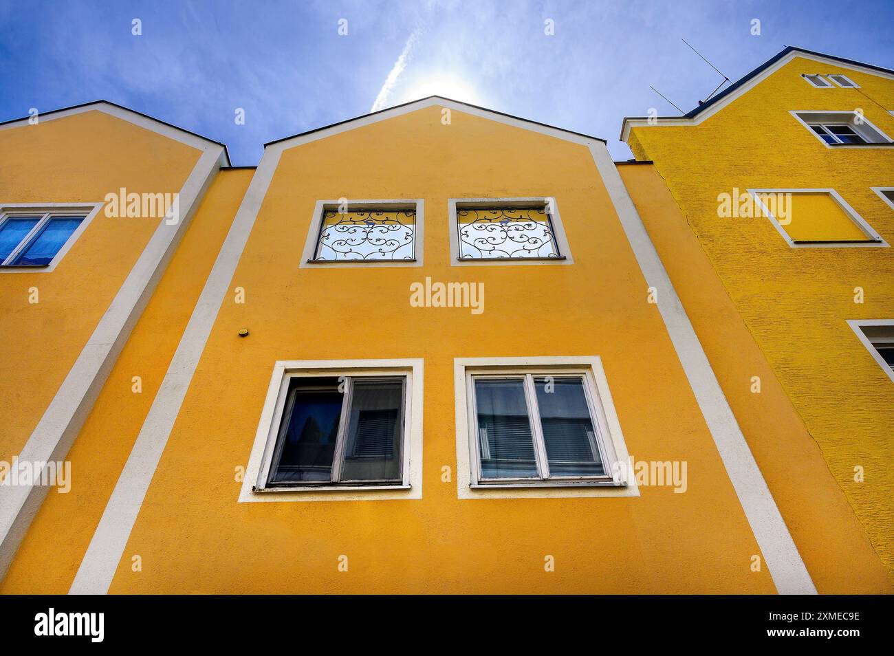 Yellow pointed gable facades with two blind windows, Kempten, Allgaeu ...