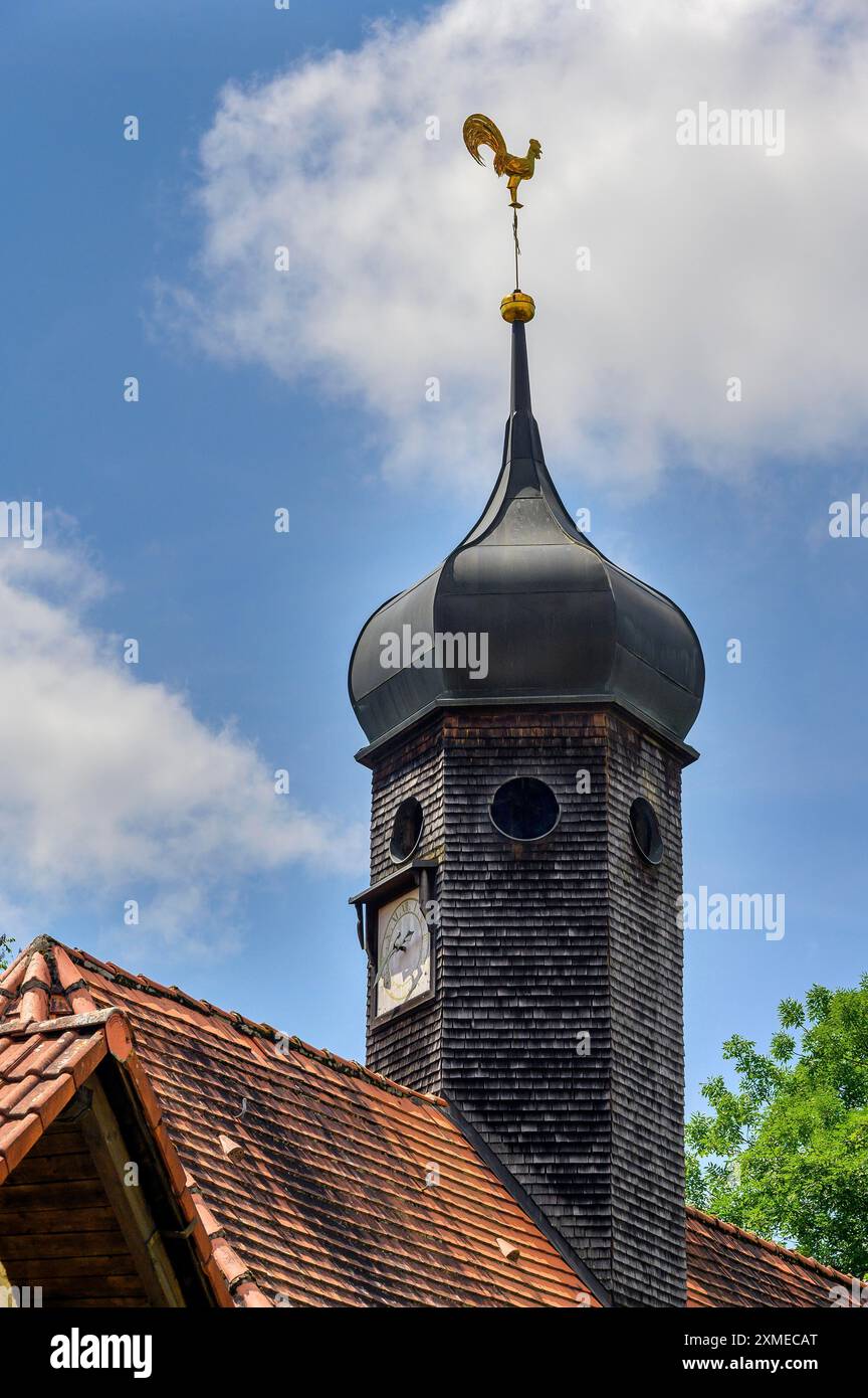 Onion tower with wooden shingles, weathercock and clock, Wolfgang ...