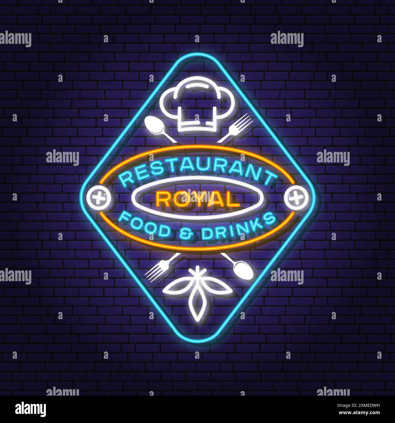 Royal Restaurant shop, menu logo. Vector. Neon glowing sign with chef ...