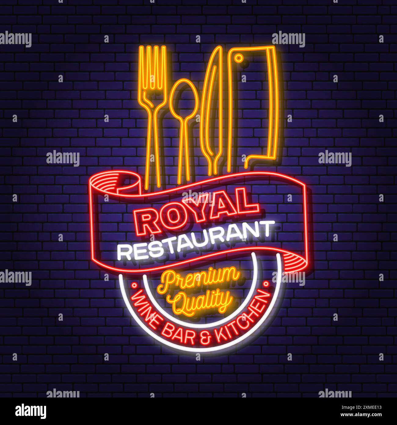 Royal Restaurant shop, menu logo. Vector. Neon glowing sign with crown ...