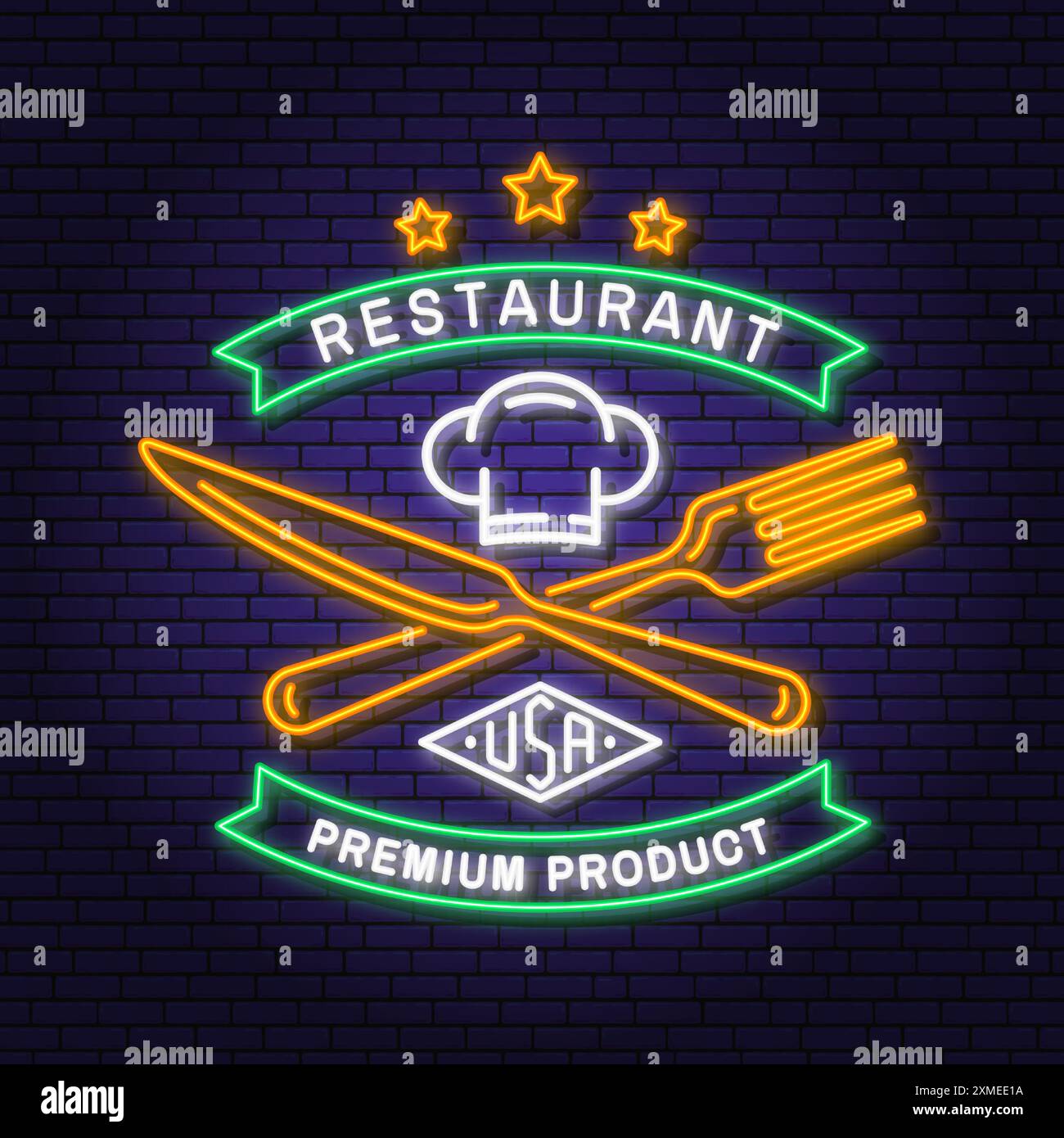 Royal Restaurant shop, menu logo. Vector. Neon glowing sign with chef ...