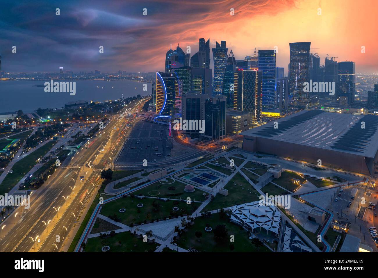 The Panoramic skyline of Doha, Qatar during sunrise Stock Photo - Alamy