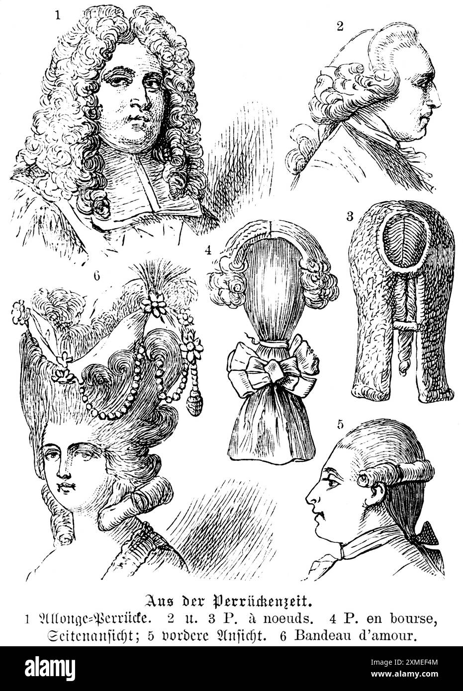 Artistic wigs of the 17th century, various views, hairstyle, curls ...
