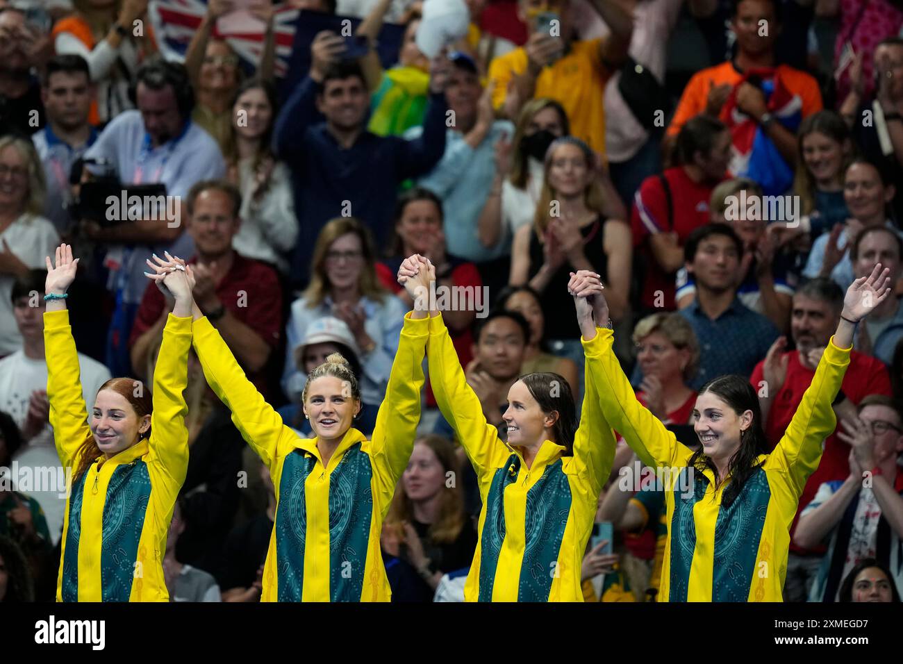 Australia's Mollie O'Callaghan, Shayna Jack, Emma Mckeon and Meg Harris, from left, celebrate on ...