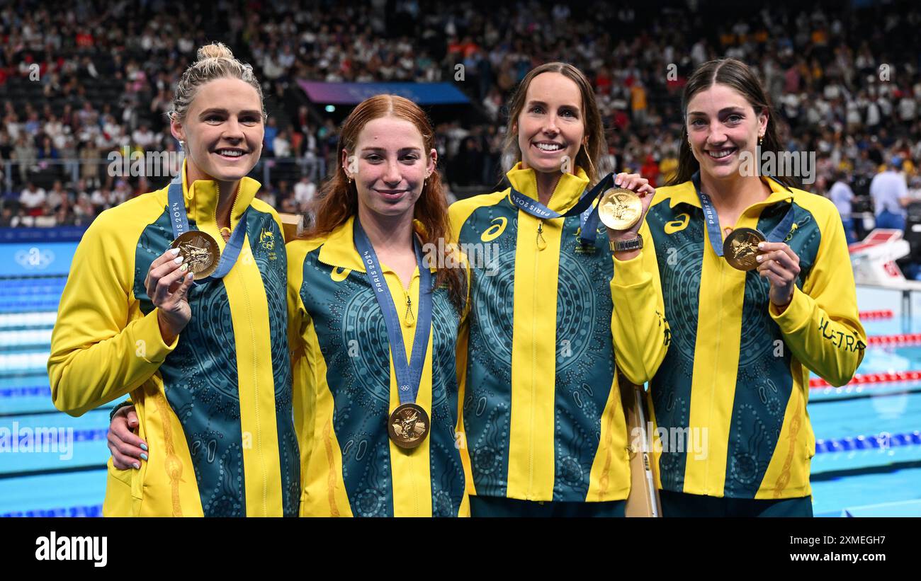 Paris, France. 27th July, 2024. (L-R) Australian swimmers Shayna Jack, Mollie O'Callaghan, Emma ...