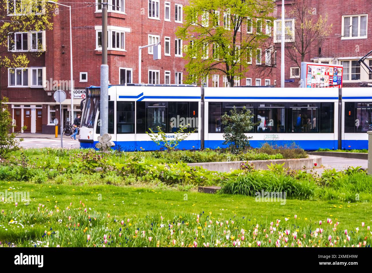 A blue and white tram glides along a grassy track through a park in ...