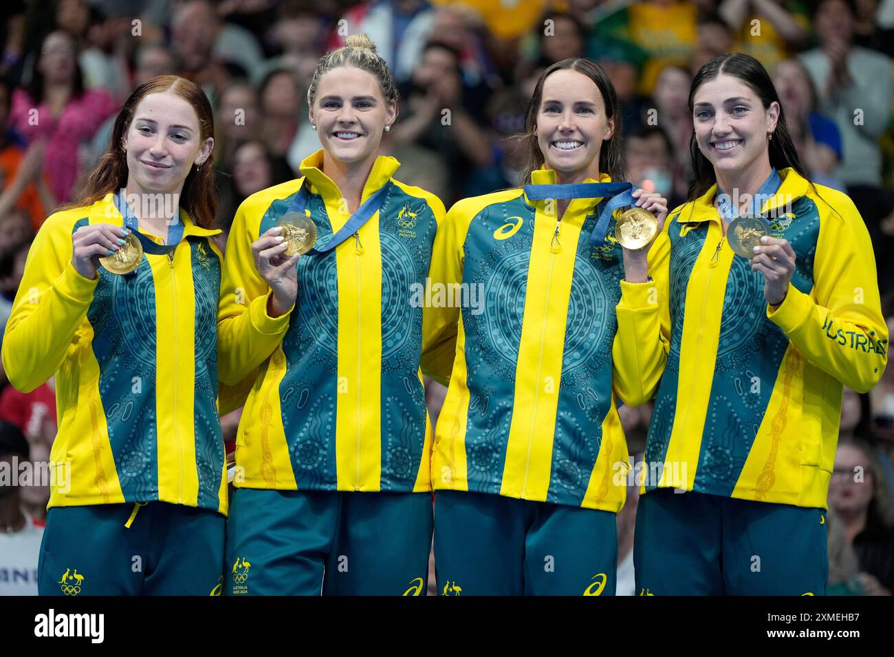 Australia's Mollie O'Callaghan, Shayna Jack, Emma Mckeon and Meg Harris, from left, celebrate on ...