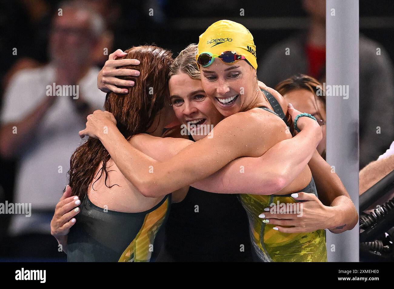 Paris, France. 27th July, 2024. (L-R) Australian swimmers Mollie O'Callaghan, Shayna Jack, Emma ...
