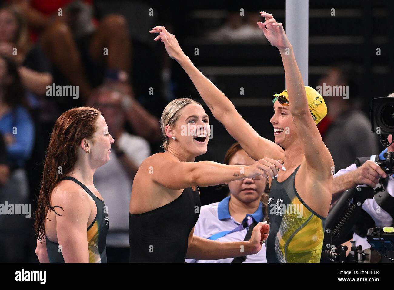 Paris, France. 27th July, 2024. (L-R) Australian swimmers Mollie O'Callaghan, Shayna Jack, Emma ...