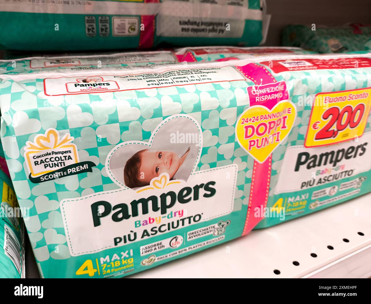 Arco, Trentino, Italy - July 16, 2024: Pampers diapers on a shelf in an ...