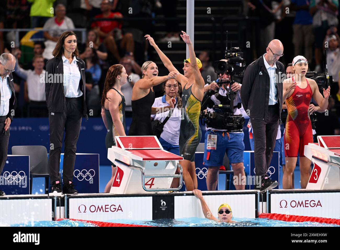 Paris, France. 27th July, 2024. (L-R) Australian swimmers Mollie O'Callaghan, Shayna Jack, Emma ...