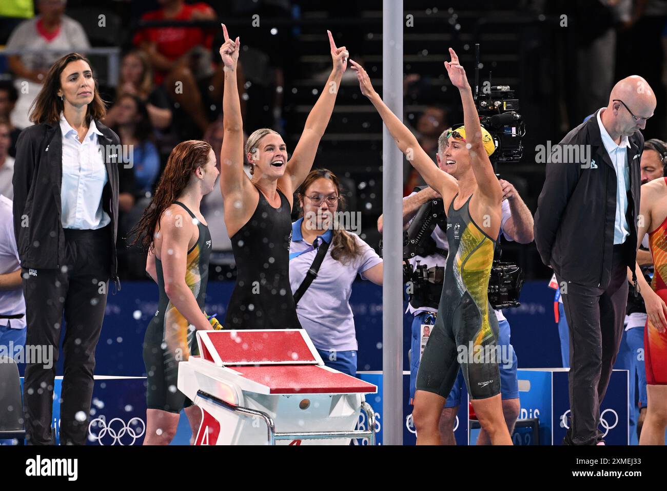 Paris, France. 27th July, 2024. (L-R) Australian swimmers Mollie O'Callaghan, Shayna Jack, Emma ...