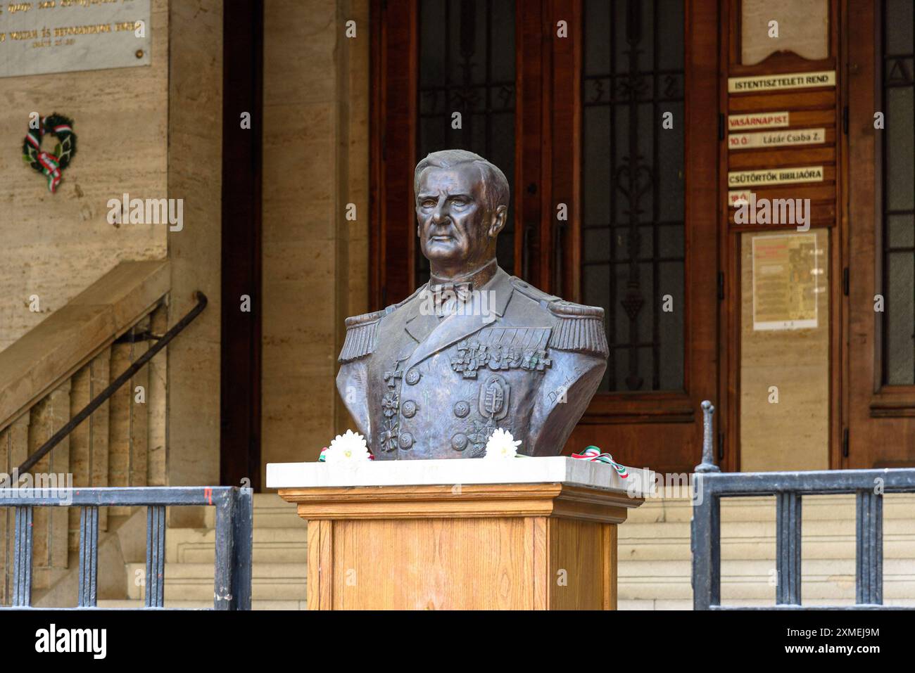 The bust of Admiral Miklos Horthy in the entrance of the Hazateres ...