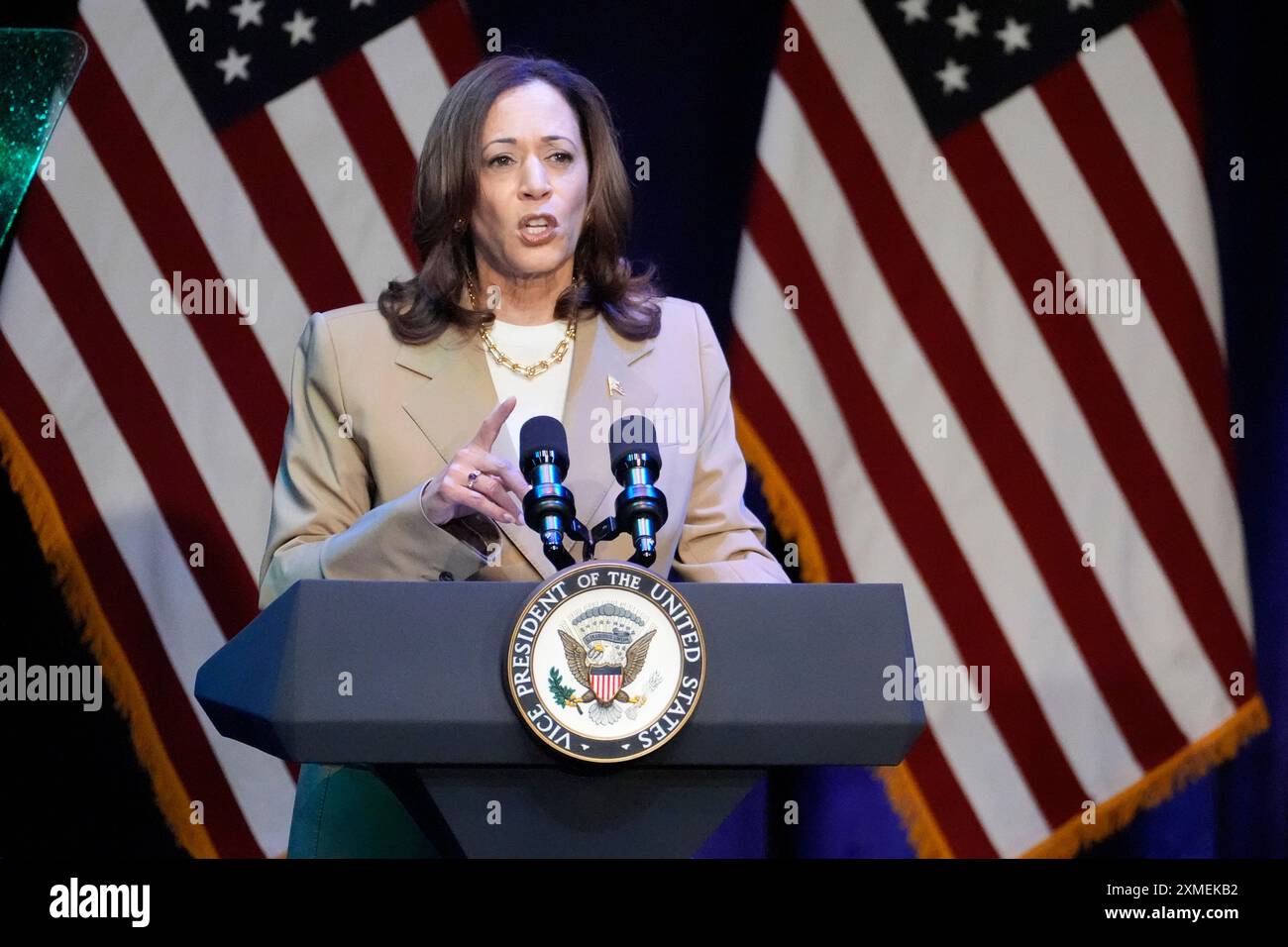 Vice President Kamala Harris delivers remarks at a campaign event in ...