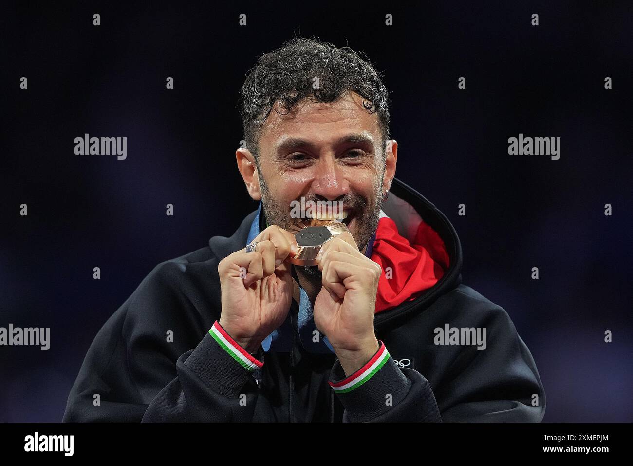 Paris, France. 27th July, 2024. Italy's Luigi Samele reacts at the end ...
