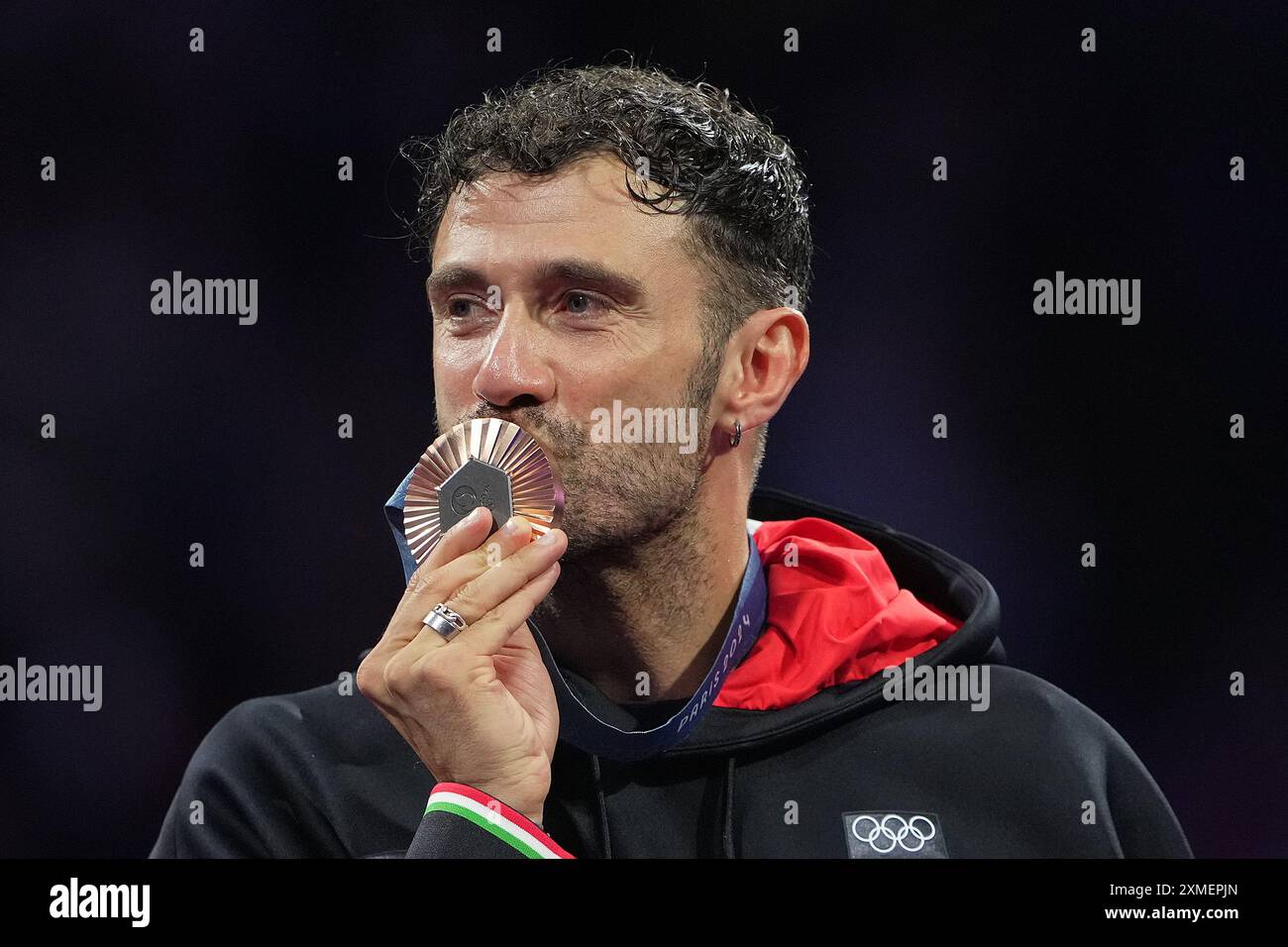 Paris, France. 27th July, 2024. Italy's Luigi Samele reacts at the end ...