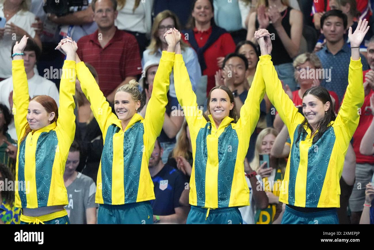 Paris, France. 27th July, 2024. The Australian women's 4x100-meter freestyle relay team ...