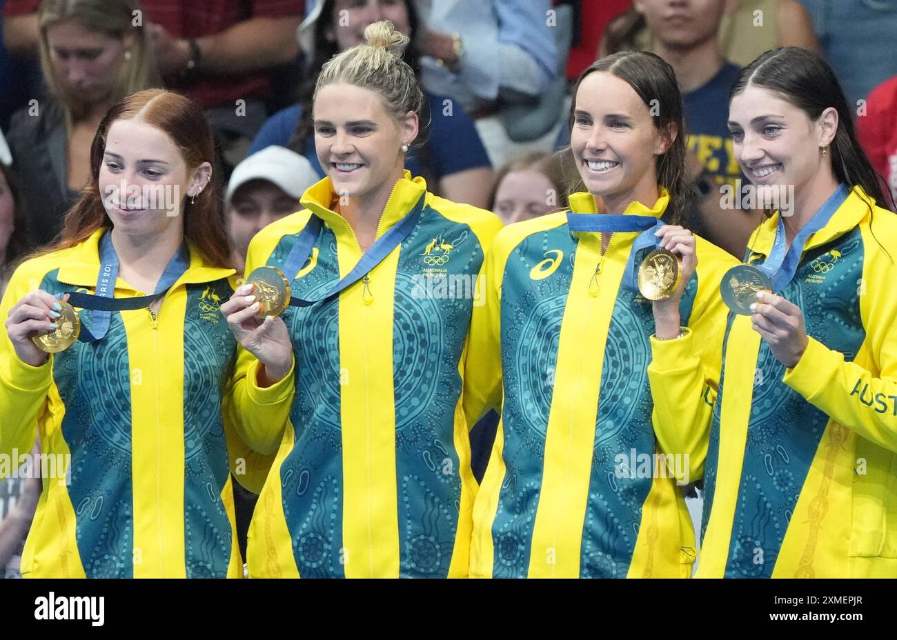 Paris, France. 27th July, 2024. The Australian women's 4x100-meter freestyle relay team ...