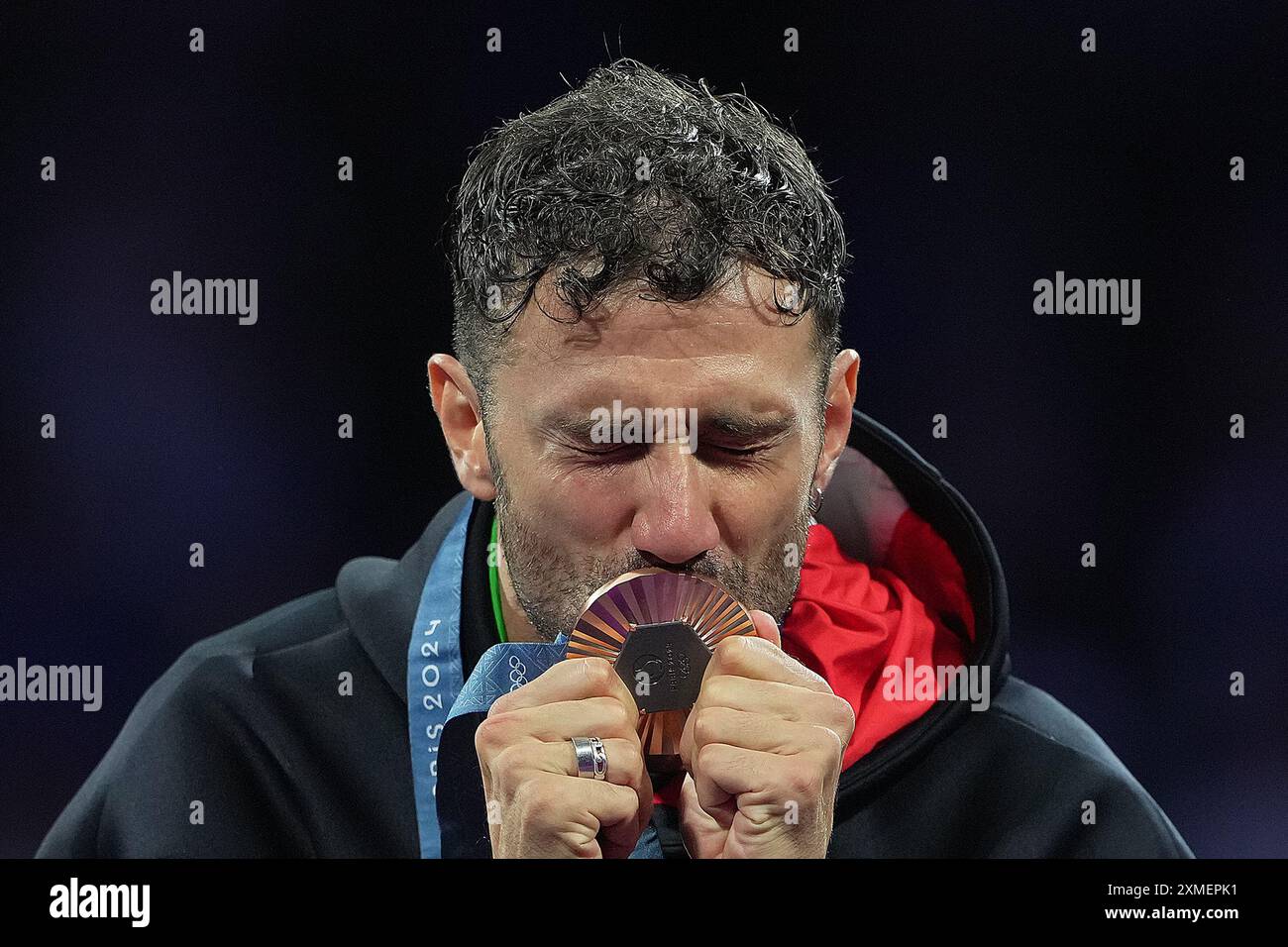 Paris, France. 27th July, 2024. Italy's Luigi Samele reacts at the end ...