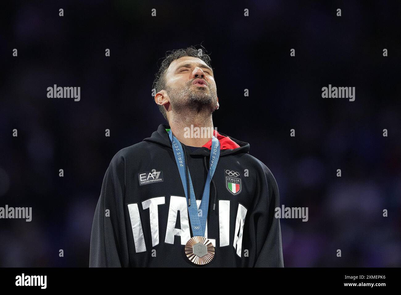 Paris, France. 27th July, 2024. Italy's Luigi Samele reacts at the end ...
