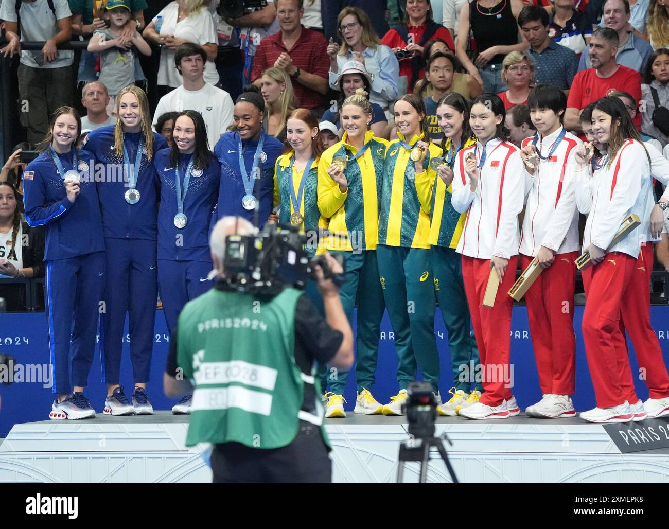 Paris, France. 27th July, 2024. Women's 4x100-meter freestyle relay teams gold medalist ...