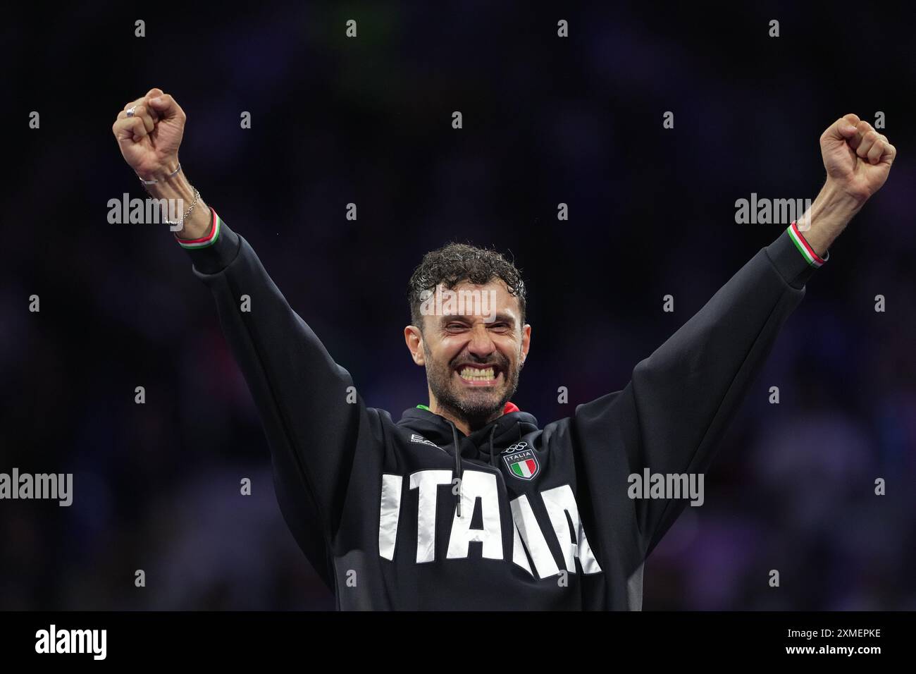 Paris, France. 27th July, 2024. Italy's Luigi Samele reacts at the end ...