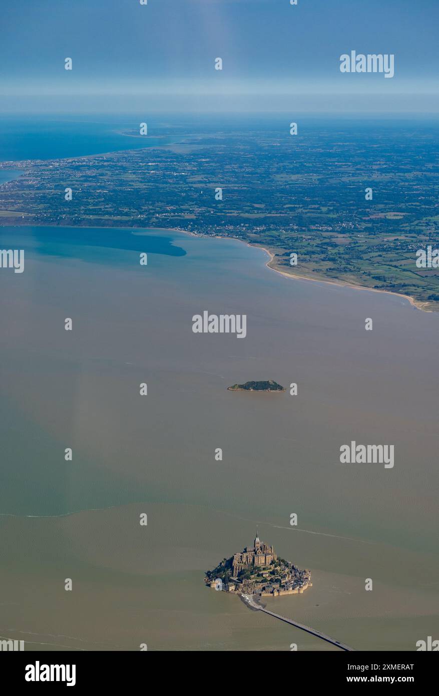 Aerial view of Saint Michael's Mount and Tombelaine during high tide ...