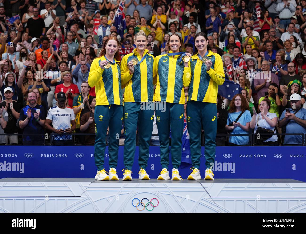 Paris, France. 27th July, 2024. Gold medalists Team Australia pose on the podium during the ...