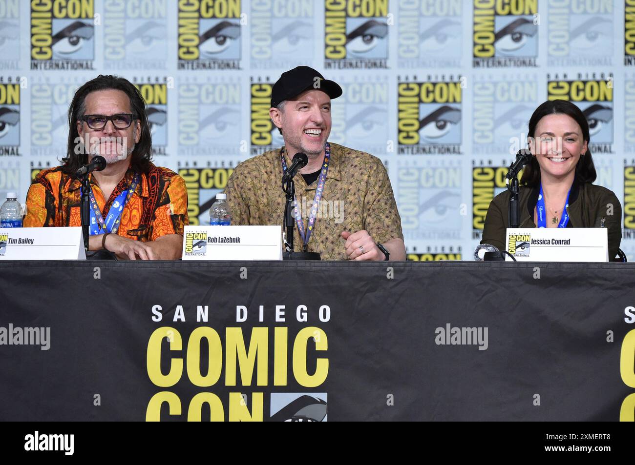 Tim Bailey, from left, Rob LaZebnik, and Jessica Conrad attend a panel ...