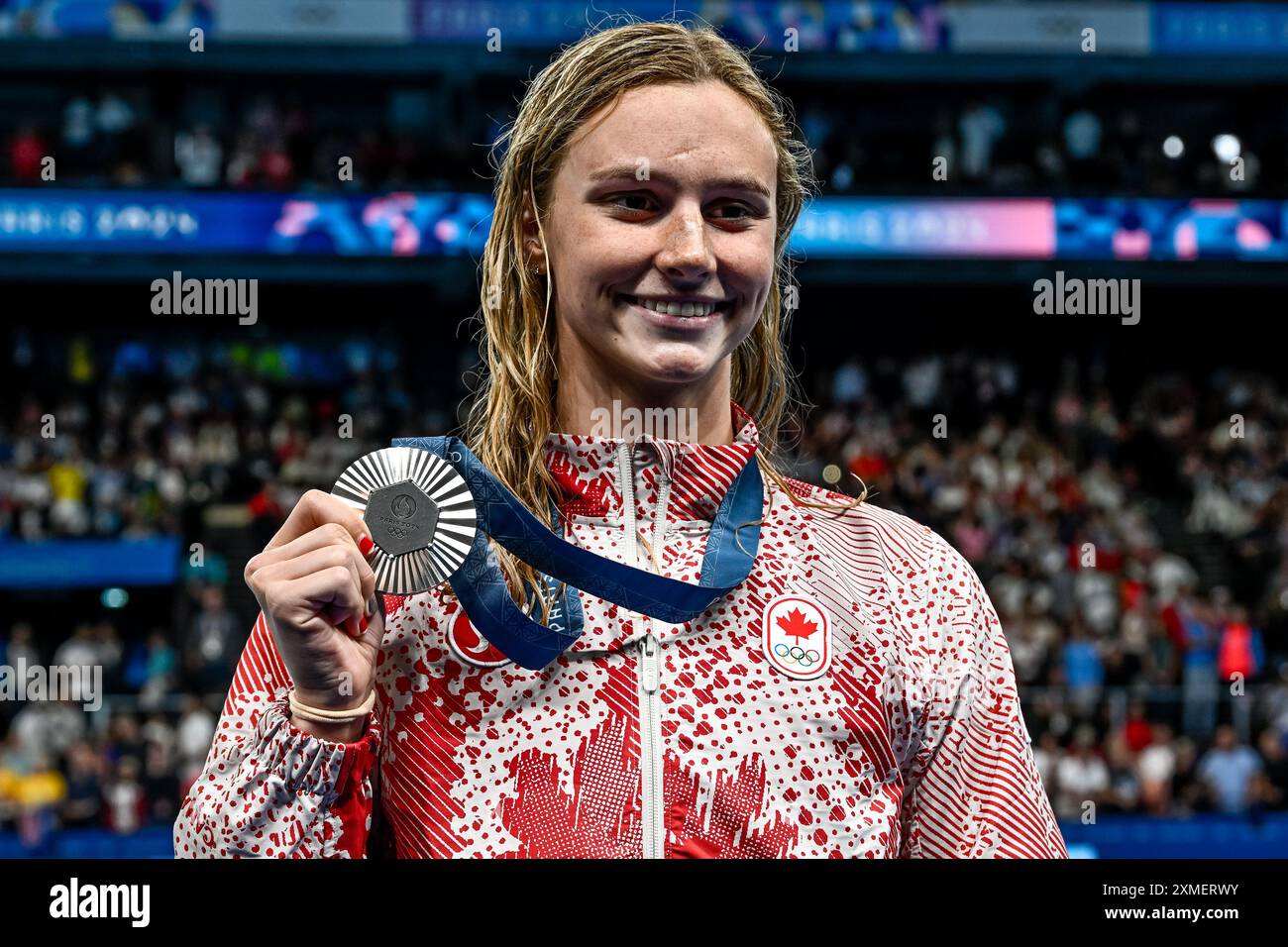 Paris, France. 27th July, 2024. Summer Mcintosh of Canada shows the ...