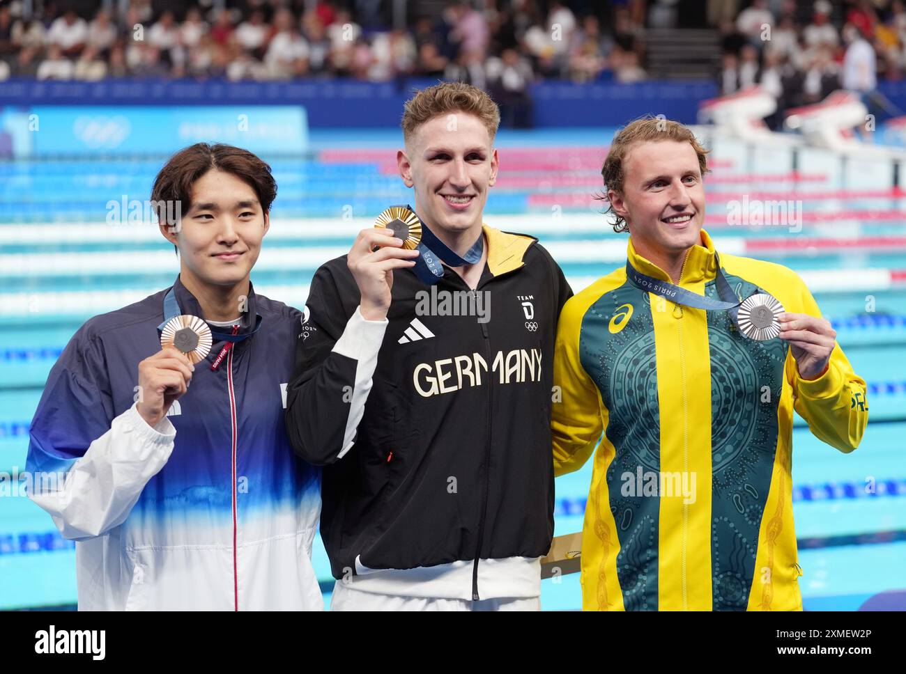 Paris, France. 27th July, 2024. Gold medalist Lukas Maertens (C) of ...