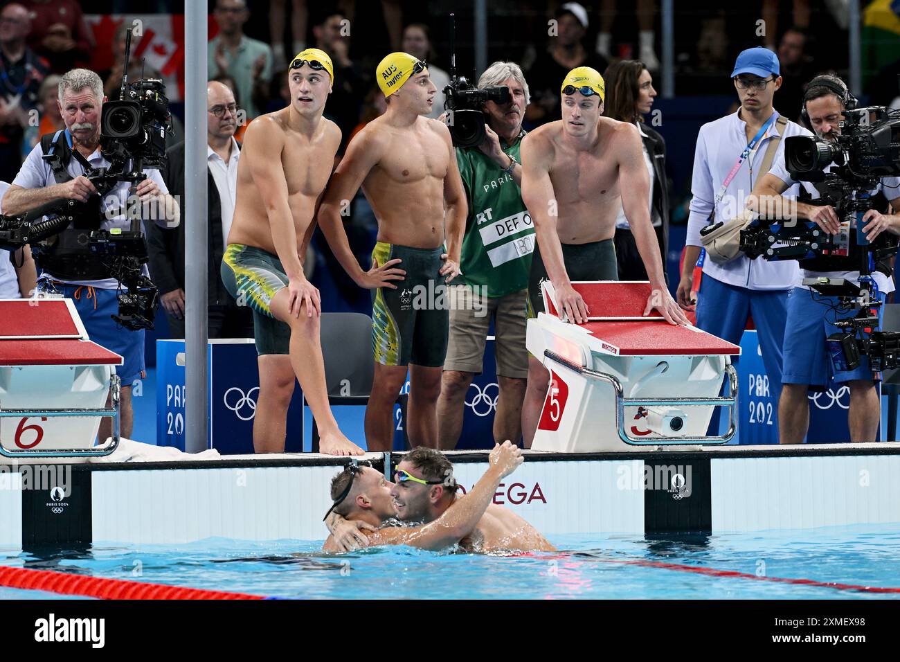 Paris, France. 27th July, 2024. Australian swimmers Kyle Chalmers, Kai ...