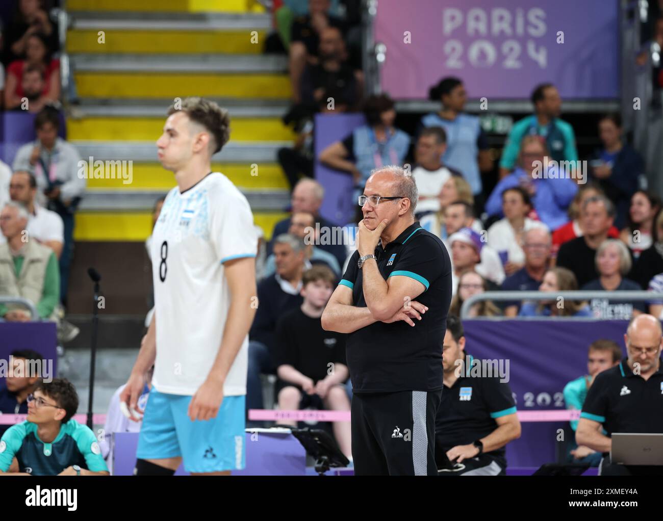 Paris, France. 27th July, 2024. Marcelo Mendez (R), head coach of team ...