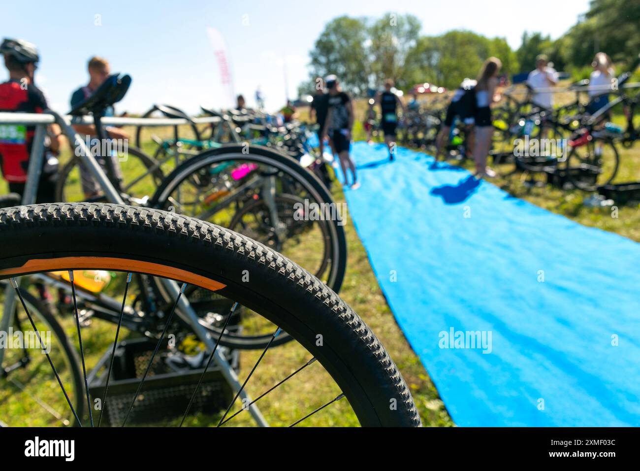 Bicycles in cycling or triathlon competitions. Sports bicycles in the ...