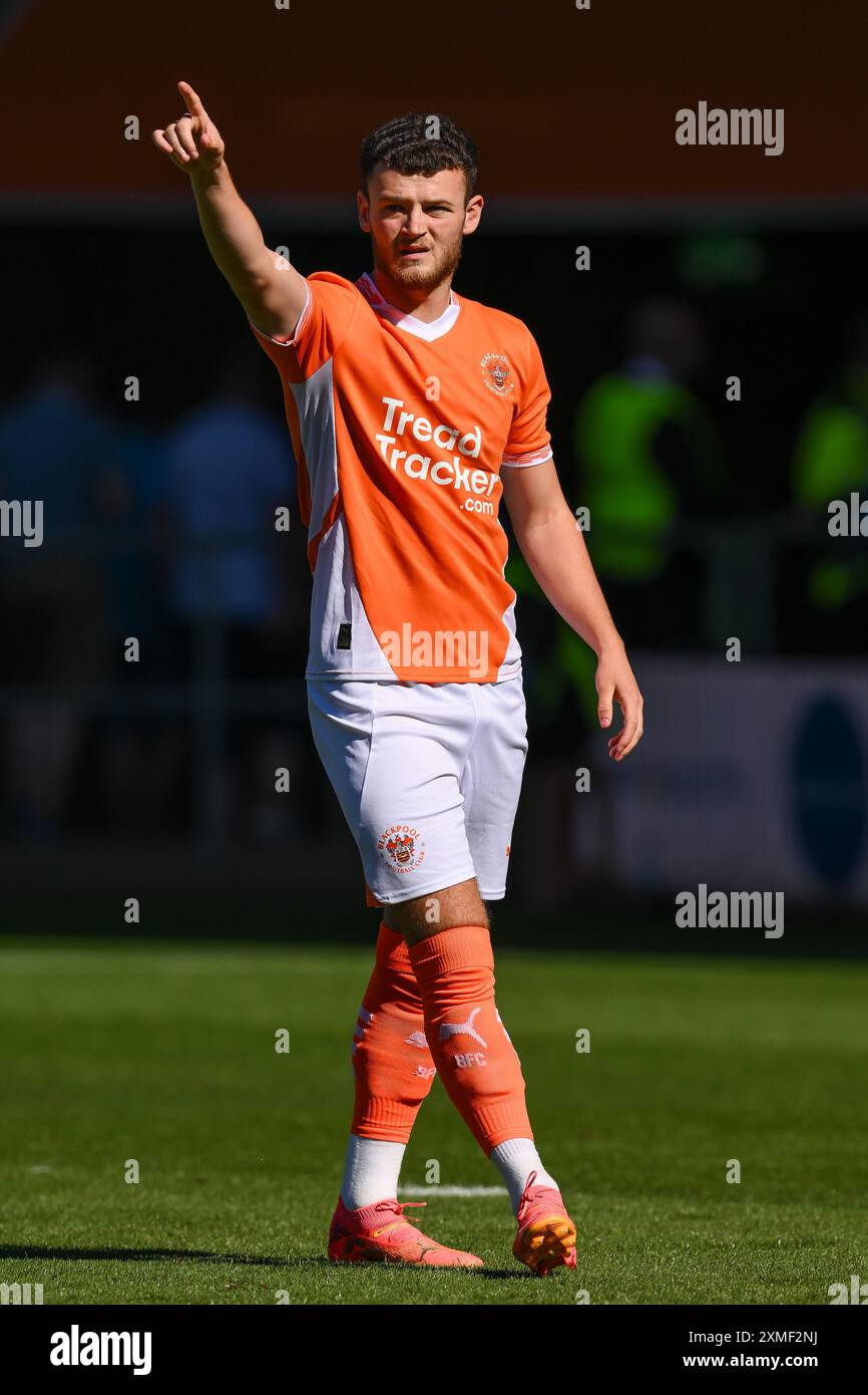 Jack Moore of Blackpool gives his team instructions during the Pre ...