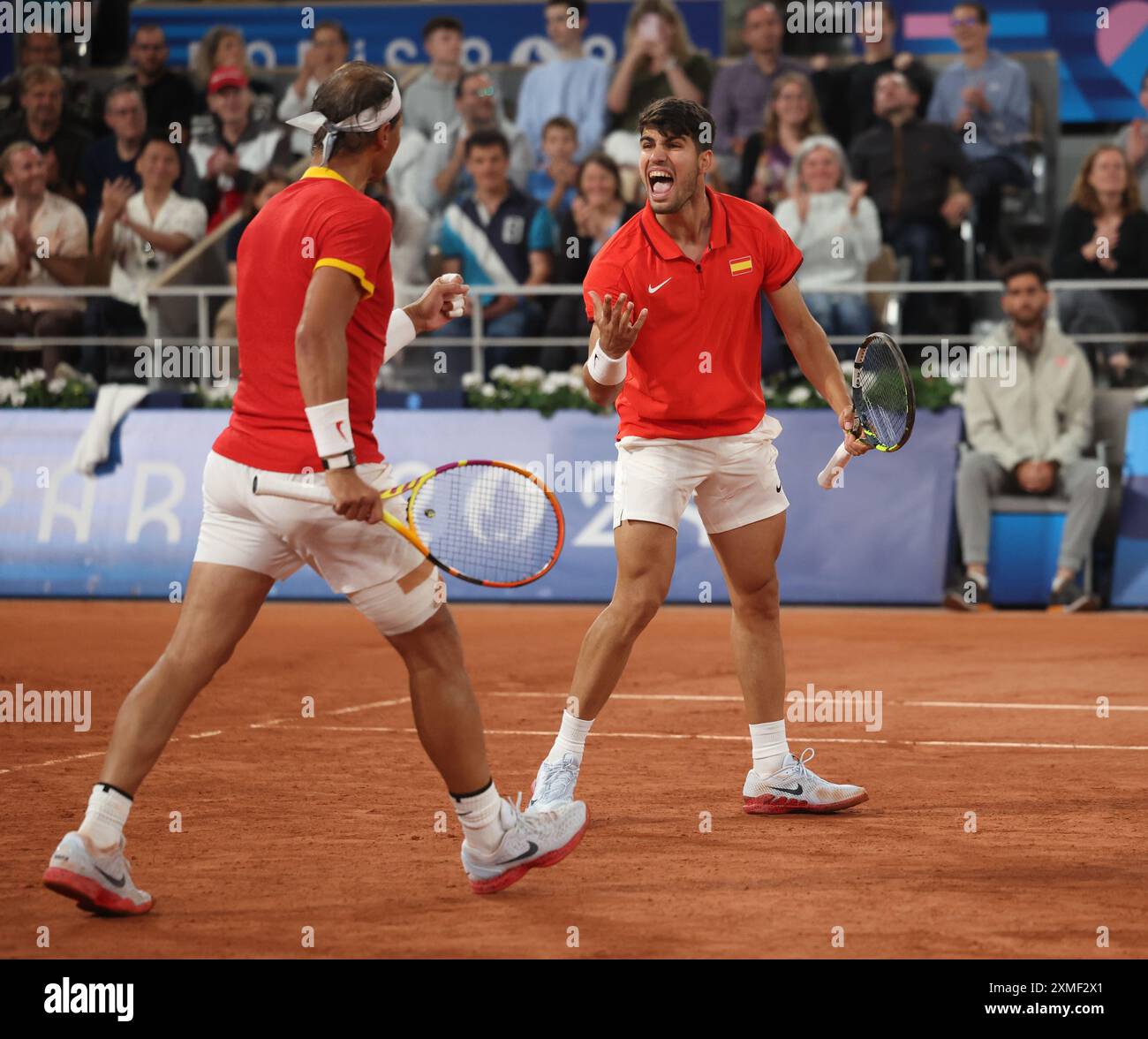 Paris, France. July 27th 2024. Spain's Rafael Nadal celebrate a game ...
