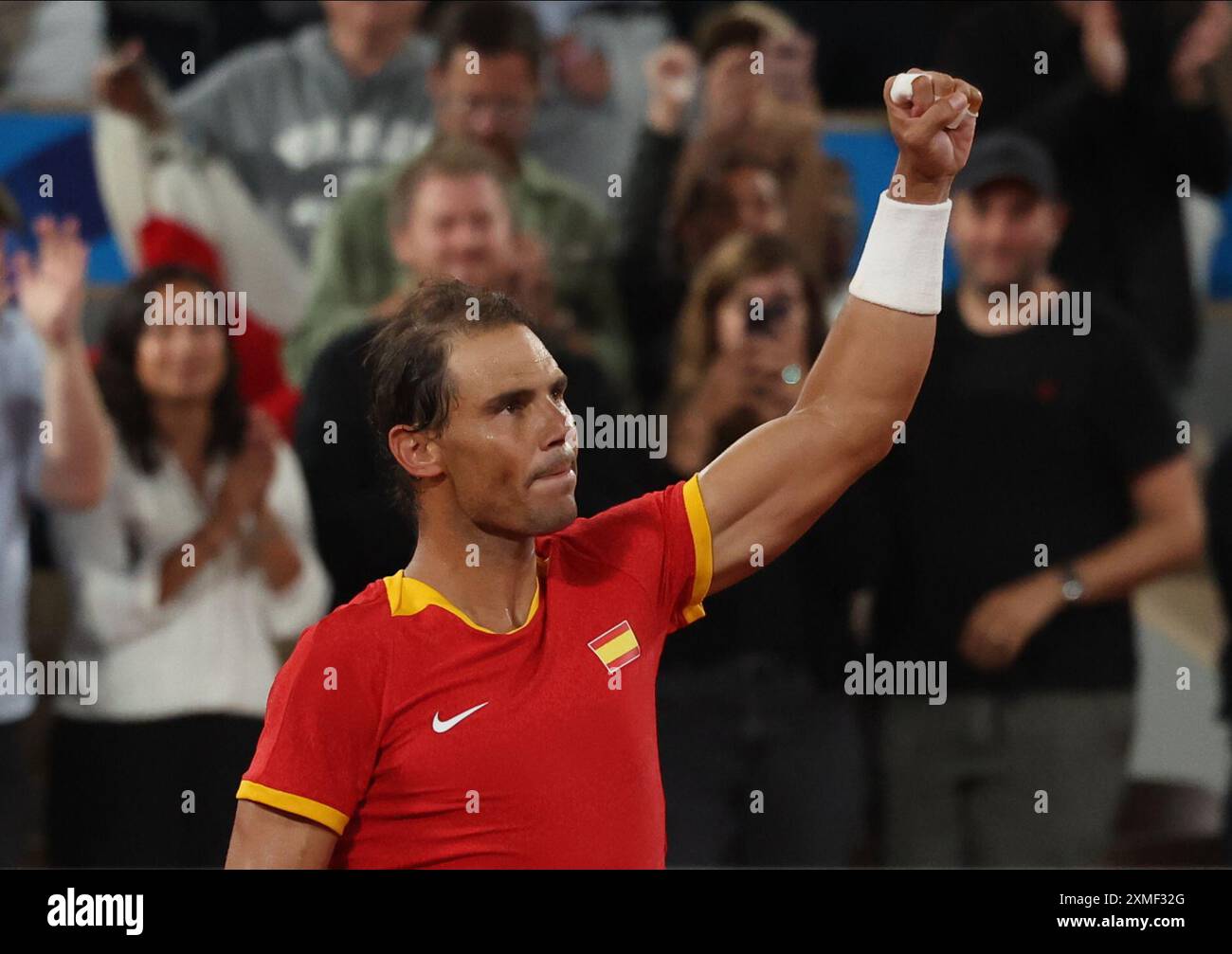 Paris, France. July 27th 2024. Spain's Rafael Nadal celebrates winning ...