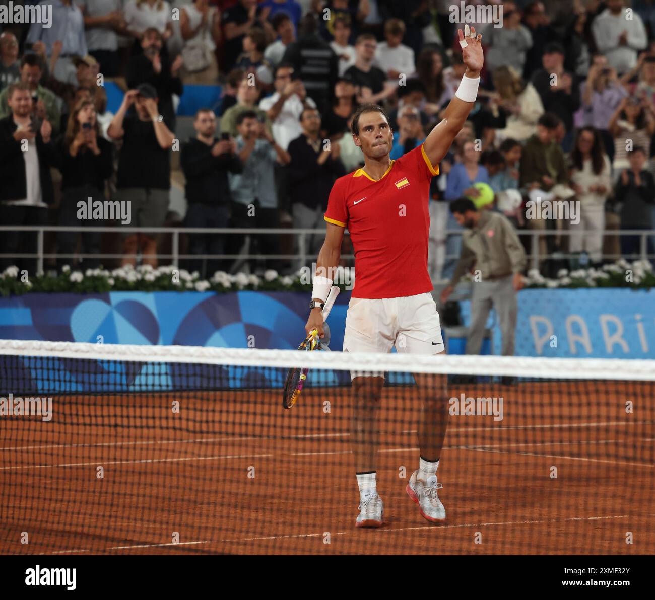 Paris, France. July 27th 2024. Spain's Rafael Nadal celebrates winning ...
