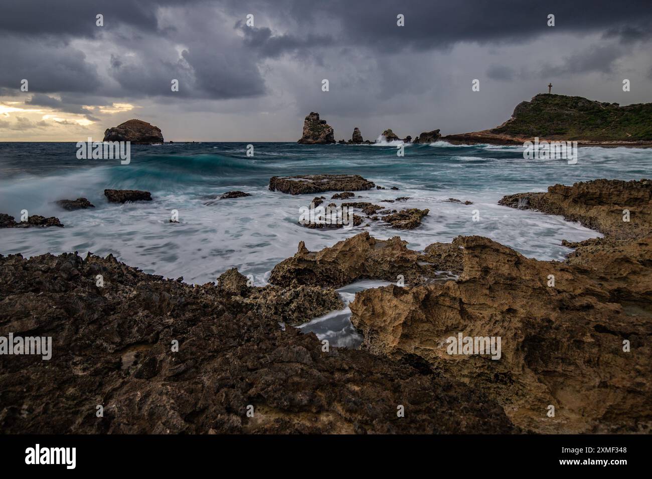Stony Coast With Sharp Rock Formations At A Bay In The Sea. Rainy ...