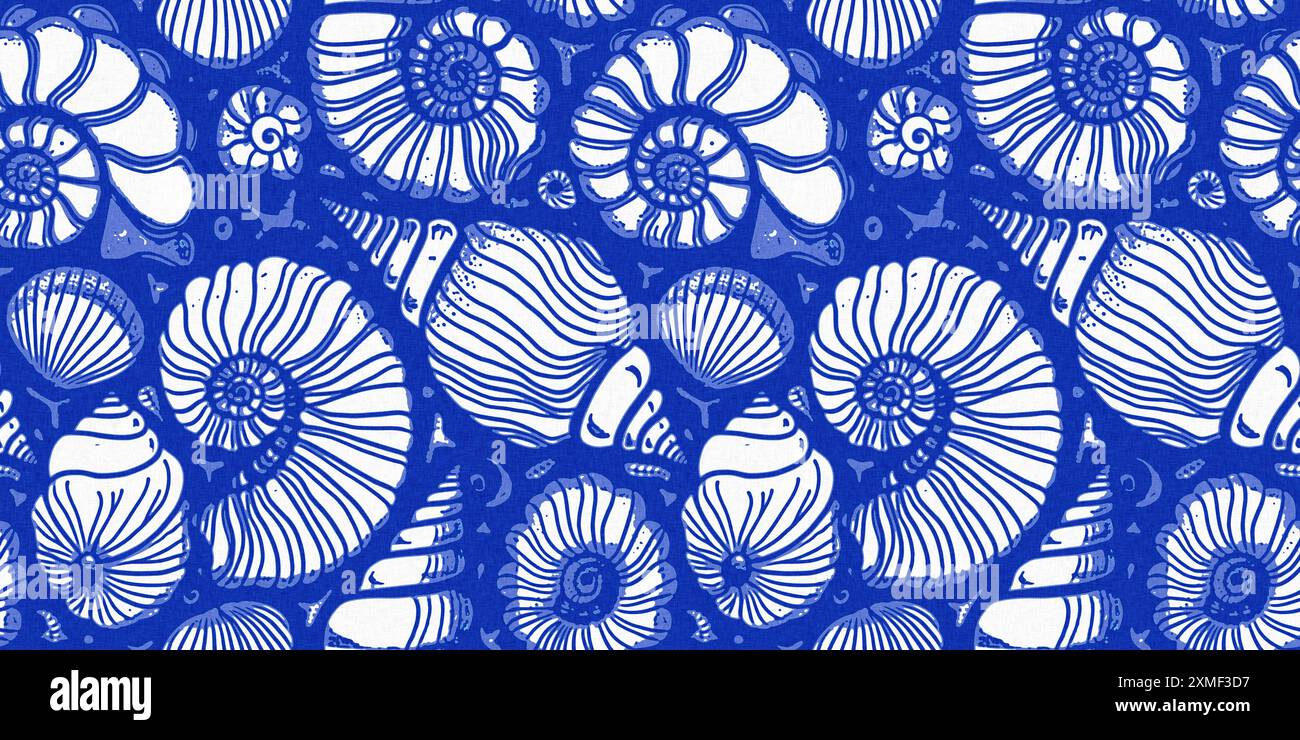 Azure blue white shell motif with linen seamless batik border ...