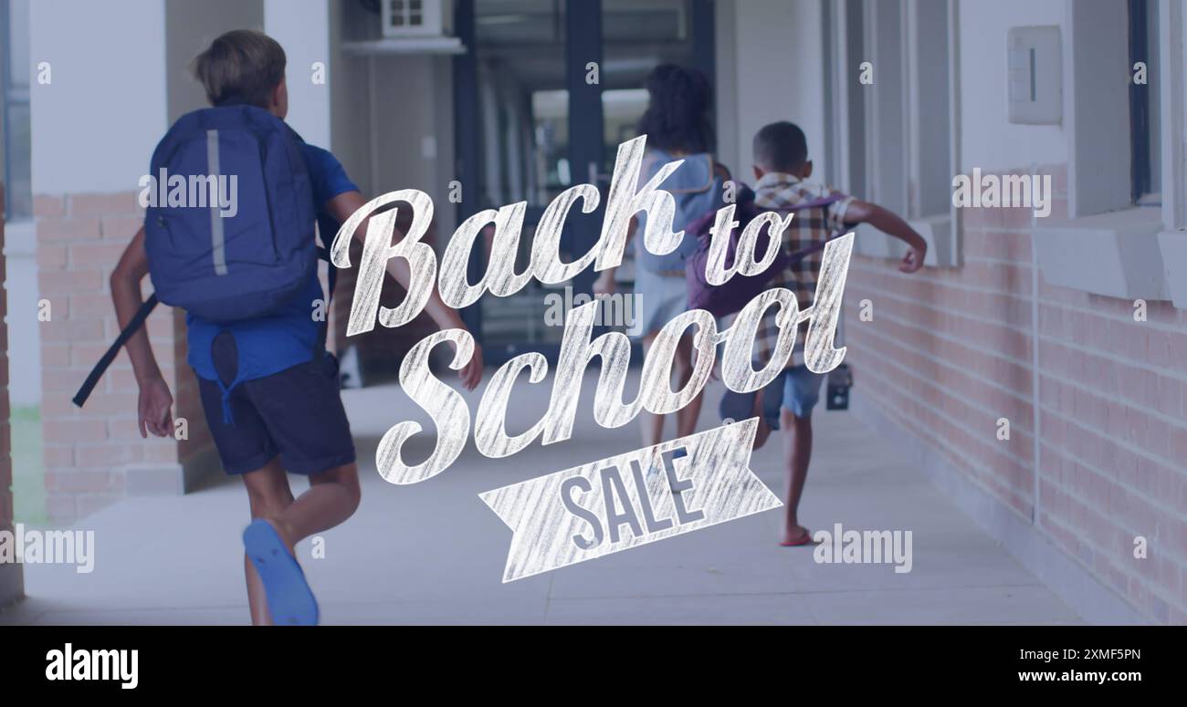 Image of back to school text over happy diverse schoolchildren at ...