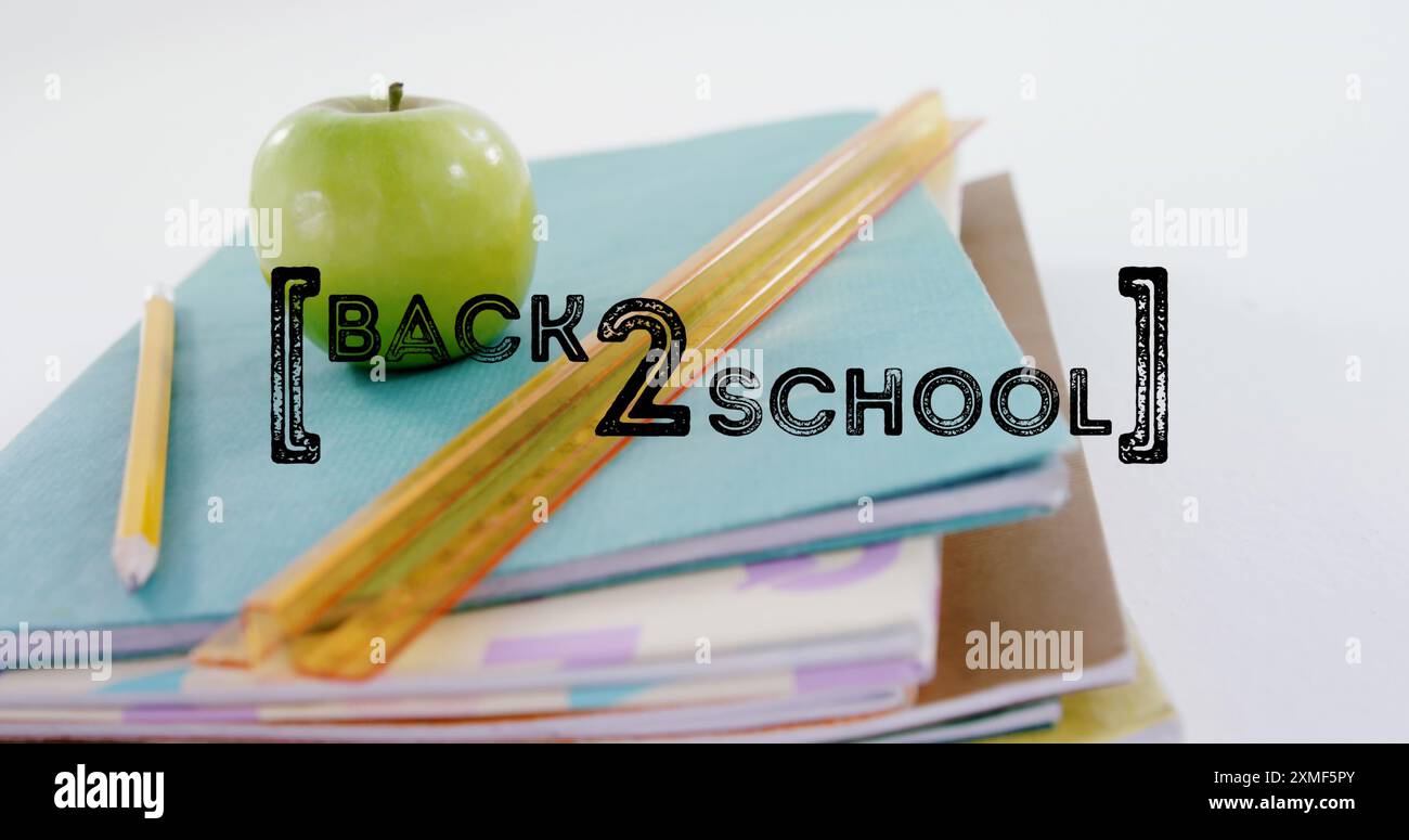 Image of back to school text over apple and school items Stock Photo ...