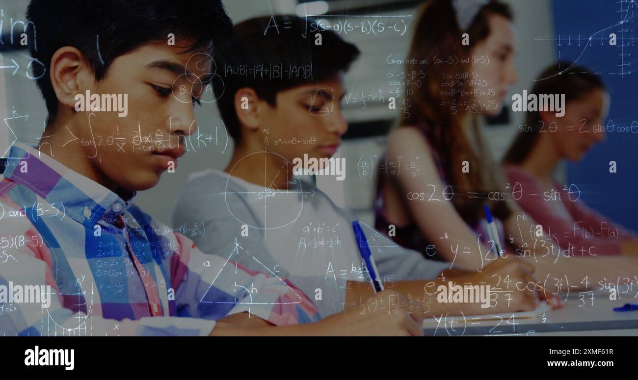 Image of math formulas moving over class of diverse pupils learning at ...