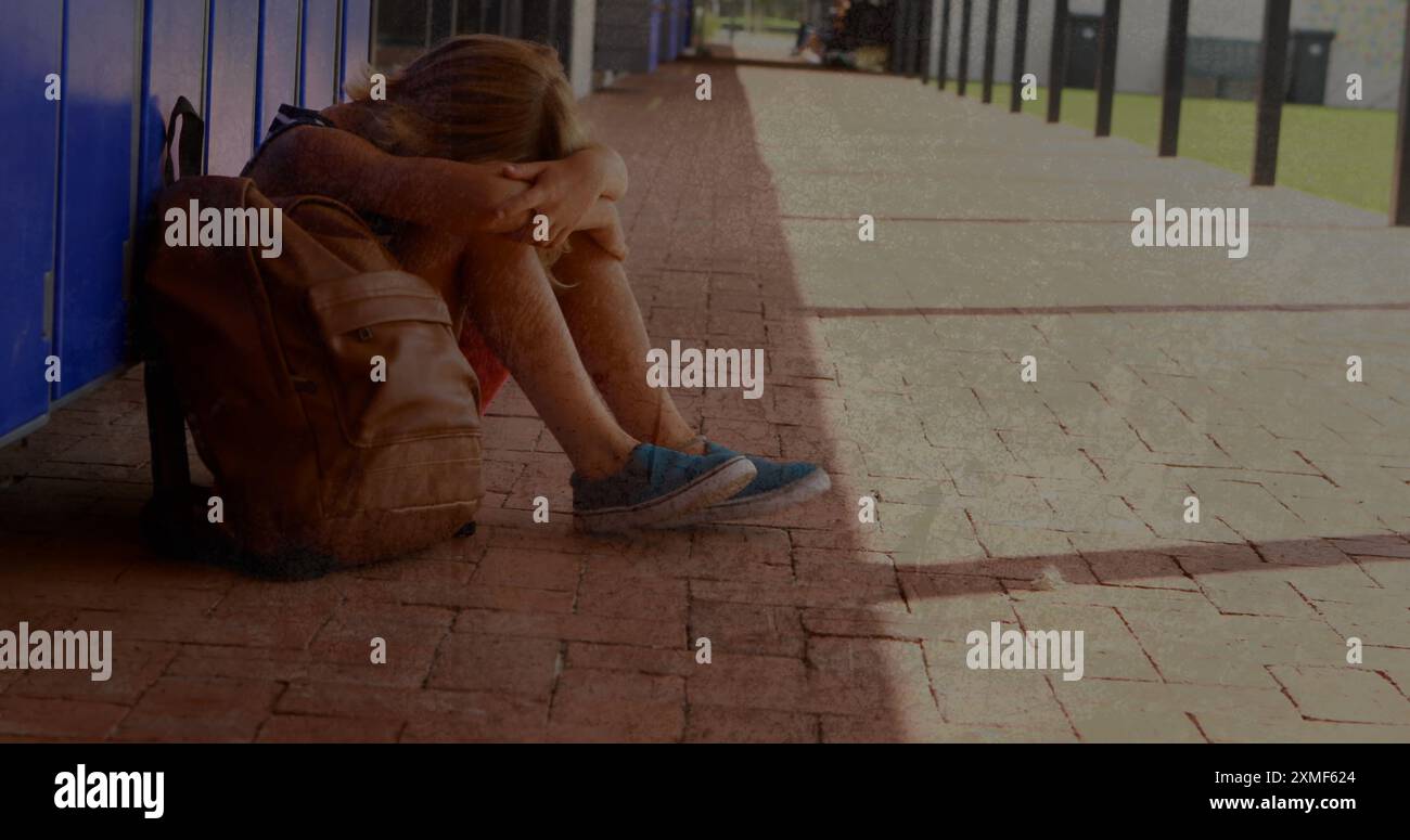 Image of moving background over sad caucasian schoolboy at school ...