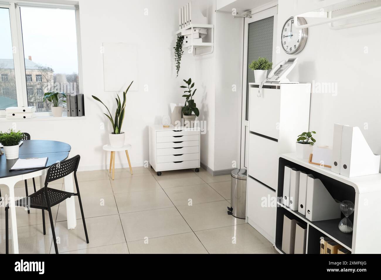 Interior of modern office with door, plants and drawers Stock Photo - Alamy