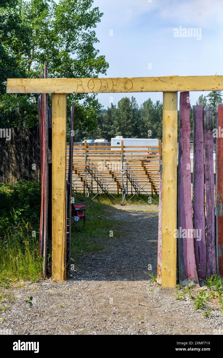 Wooden entrance gate to the rodeo grounds at the Tsuut'tina Powwow and ...