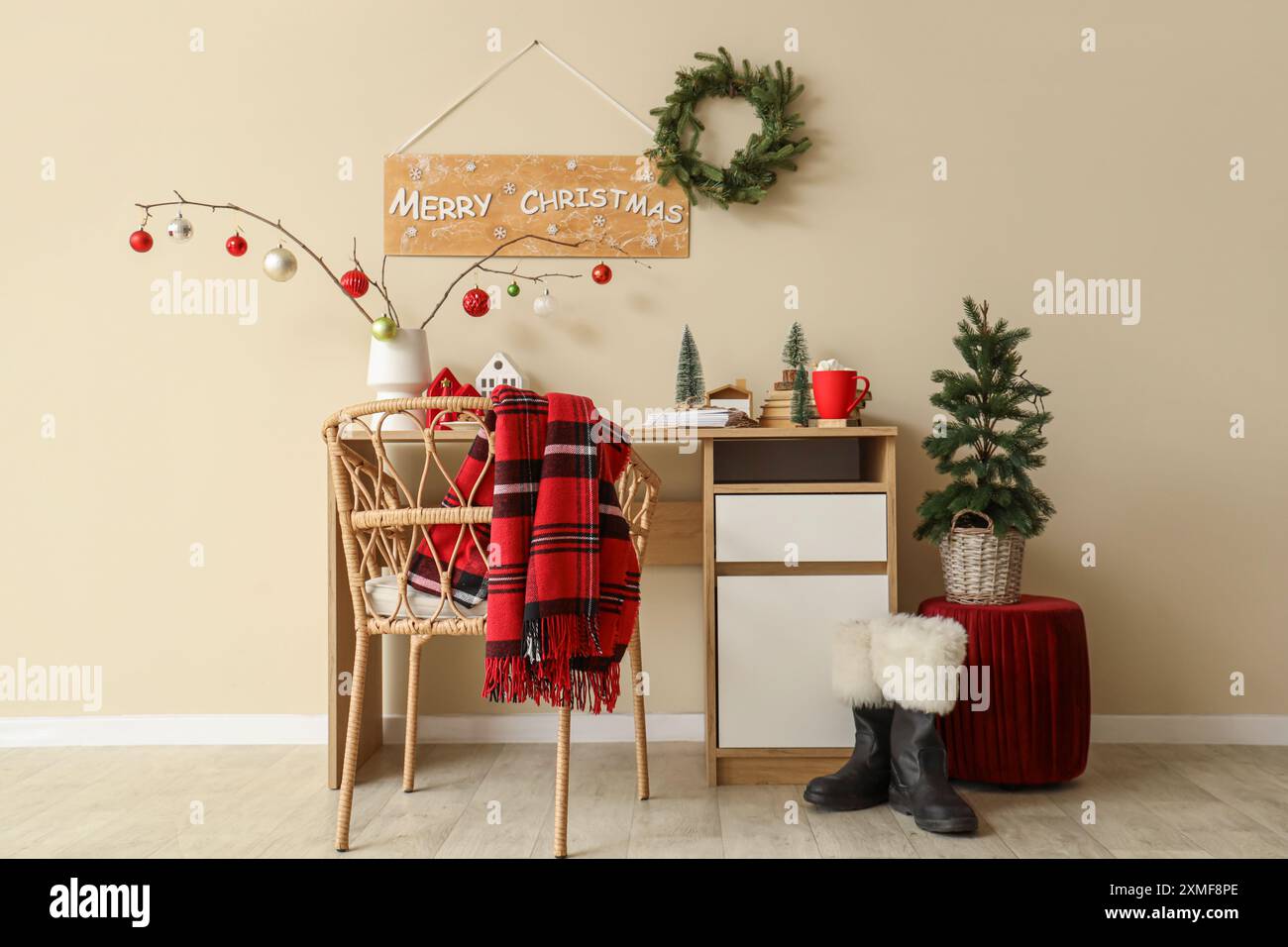 Interior of office with workplace, Christmas tree and decor Stock Photo ...