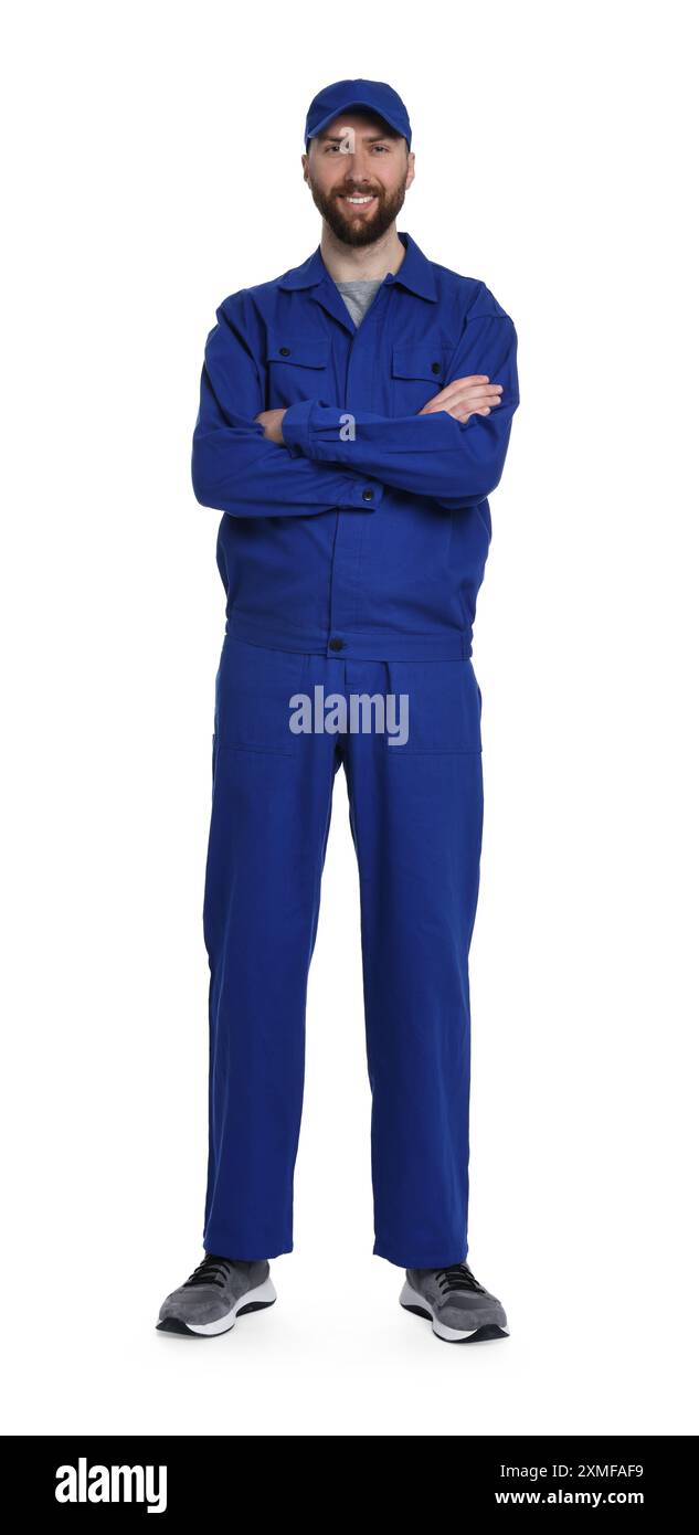 Professional auto mechanic in blue uniform on white background Stock ...