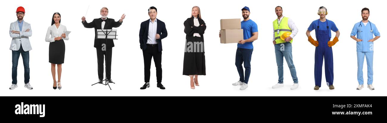 People of different professions. Collage with portraits on white ...