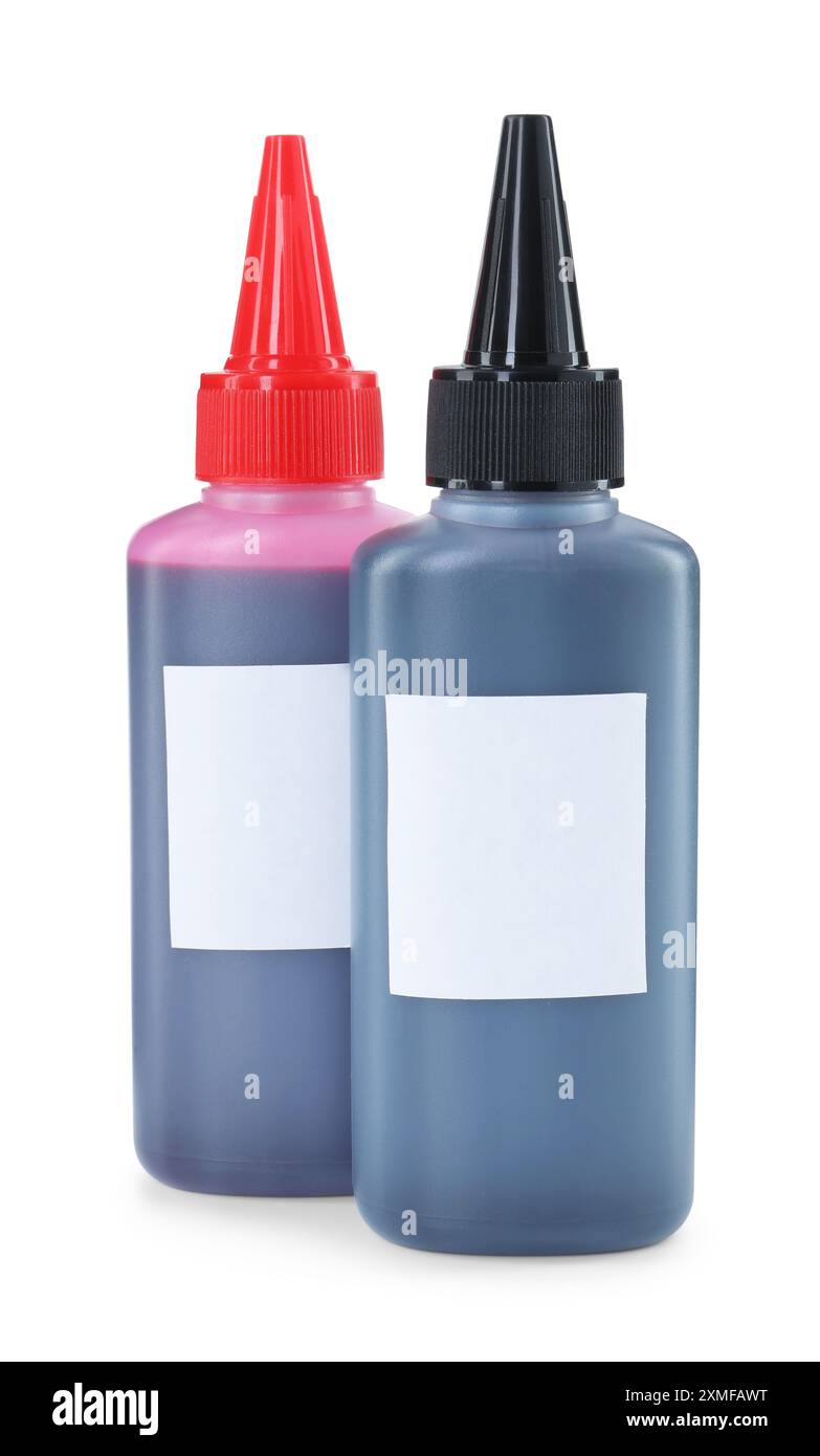 Bottles of different printer ink isolated on white Stock Photo - Alamy